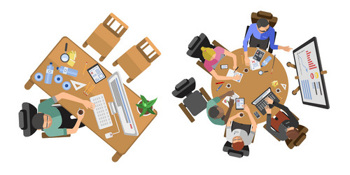 Team works together around a round table teamwork Vector Image