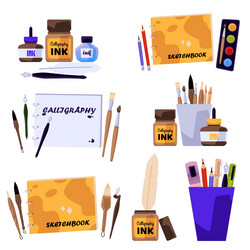 Calligraphy art supplies and ink flat Royalty Free Vector