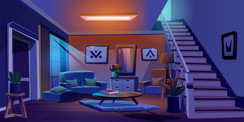 Night home living room interior cartoon background