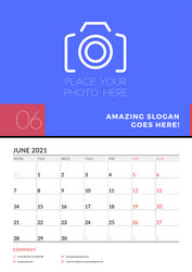Calendar for june 2021 week starts on monday wall Vector Image