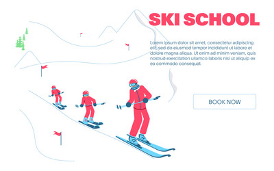 Group of kids learning how to ski on slope Vector Image