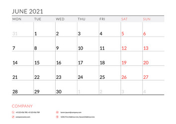 Calendar for june 2021 week starts on monday wall Vector Image