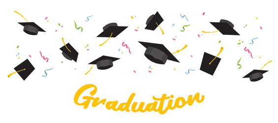Graduation word with graduate cap black and gold Vector Image