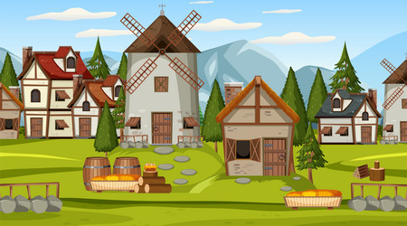 Medieval town scene with villagers Royalty Free Vector Image