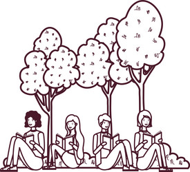 Group people sitting with book in landscape Vector Image