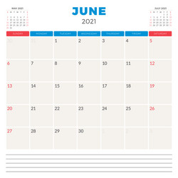 Calendar for june 2021 week starts on monday wall Vector Image