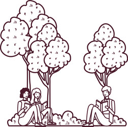 Group people sitting with book in landscape Vector Image