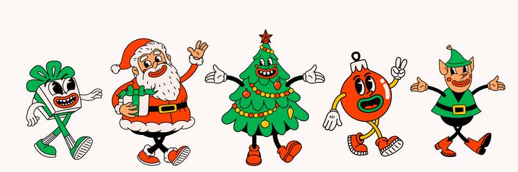 Retro style christmas cartoon characters groovy Vector Image