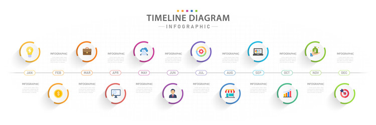 Infographic 12 month timeline calendar with topics
