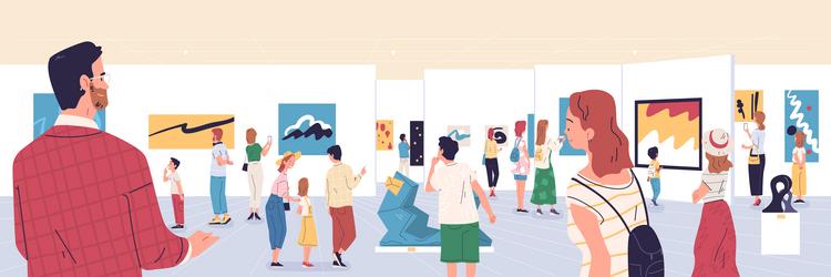 Exhibition visitors people group looking Vector Image