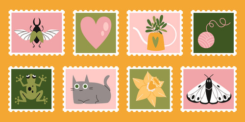 Set of cute hand-drawn post stamps with natural Vector Image