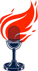 Vintage microphone on fire hot mic in flames Vector Image