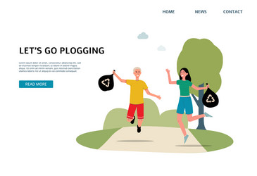 Go plogging - poster with cartoon runner couple Vector Image