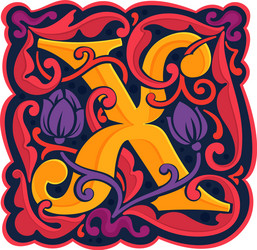 X letter drop cap logo in medieval engraving Vector Image