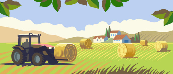 Farm old tractor in field silhouette with mill Vector Image