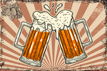 Vintage poster template with two toasting beer Vector Image
