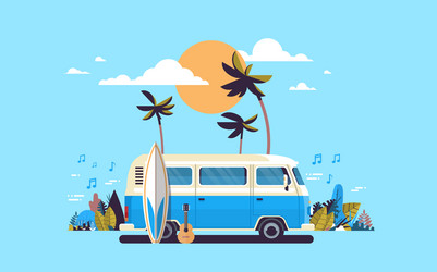 Surf bus sunset tropical beach retro surfing Vector Image