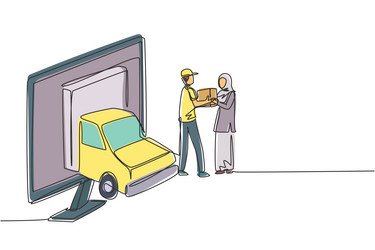 Continuous one line drawing delivery car deliver Vector Image