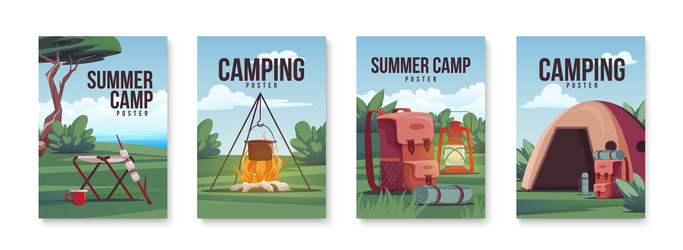 Backpack hiking poster set Royalty Free Vector Image