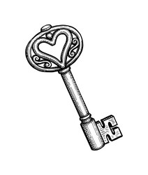 Heart shaped key ink sketch Royalty Free Vector Image