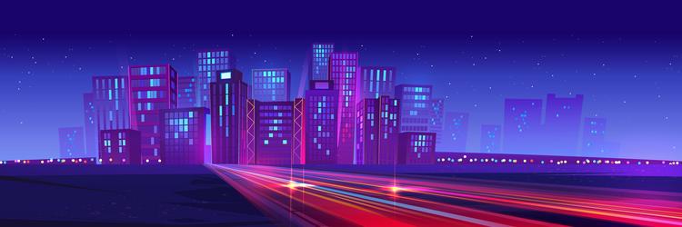 Night neon city light on speed car road Royalty Free Vector