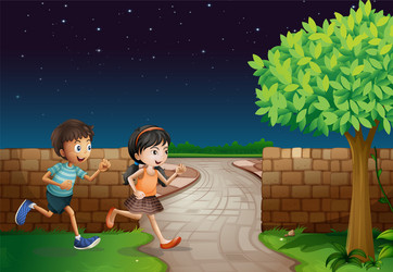 Border template with boys at night landscape Vector Image