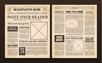 Old vintage two pages newspaper layout template Vector Image