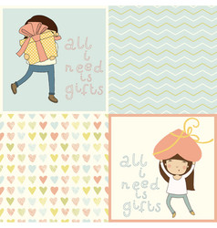 Set with cute kids card and lovely seamless patter