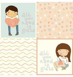 Set with cute kids card and lovely seamless patter