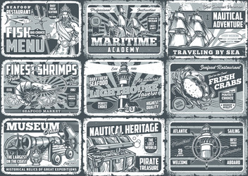 Ocean adventure flyers monochrome set Royalty Free Vector