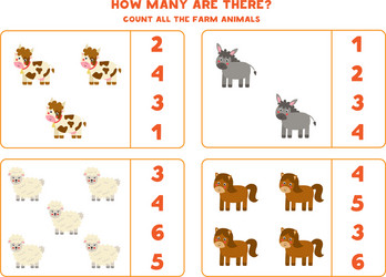 Counting game with farm animals math worksheet Vector Image