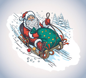Happy santa with gift bag rides sledding down the Vector Image