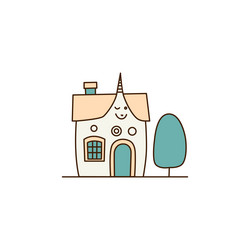 Three-storey cartoon house with a blue roof Vector Image
