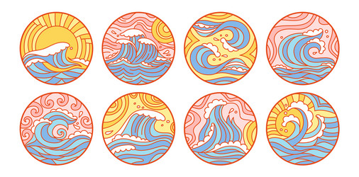 Sea waves doodle set ocean water sketch Royalty Free Vector