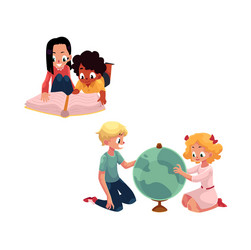 Happy kids sitting and reading books together Vector Image