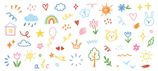Cute kid scribble doodle icons set sun flower Vector Image