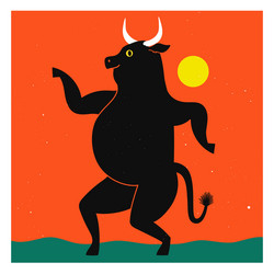 Party with smiling dancing black bull and wine Vector Image