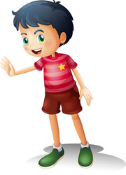 Cute boy showing stop gesture while standing next Vector Image