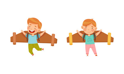 Cute happy kids flying with cardboard wings Vector Image