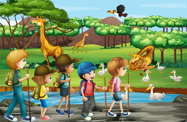 Scene with animals and happy children at zoo Vector Image