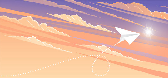 Paper plane flying over sunset sky landscape Vector Image
