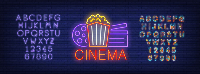 3d cinema and alphabet neon sign set Royalty Free Vector
