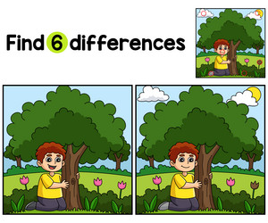 Boy planting trees find the differences Royalty Free Vector