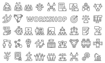 Workshop icon set in line design blue training Vector Image