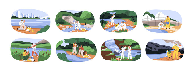 Scientists ecologists taking water samples Vector Image