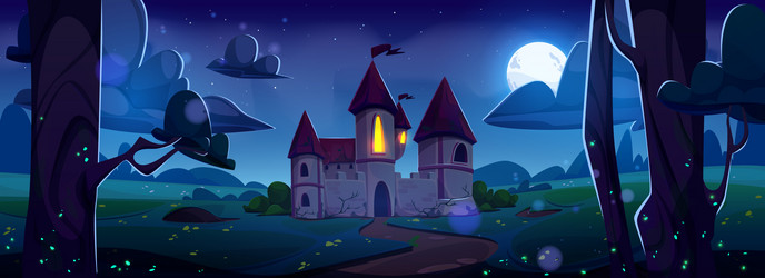 Cartoon summer night landscape with wooden house Vector Image