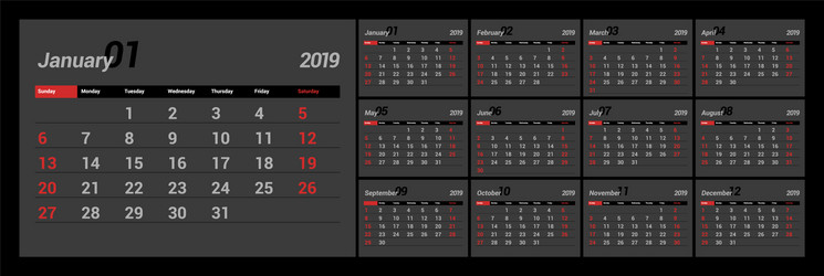 2019 new year calendar in clean minimal table Vector Image