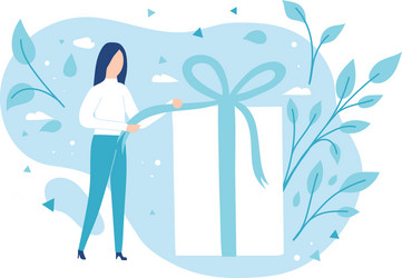Girl opens a gift pulling ribbon to untie Vector Image