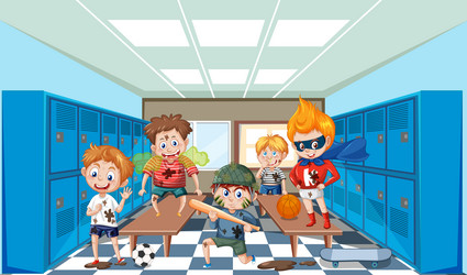 Locker room scene with school kids Royalty Free Vector Image