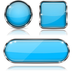 Blue glass buttons with chrome frame rectangle 3d Vector Image
